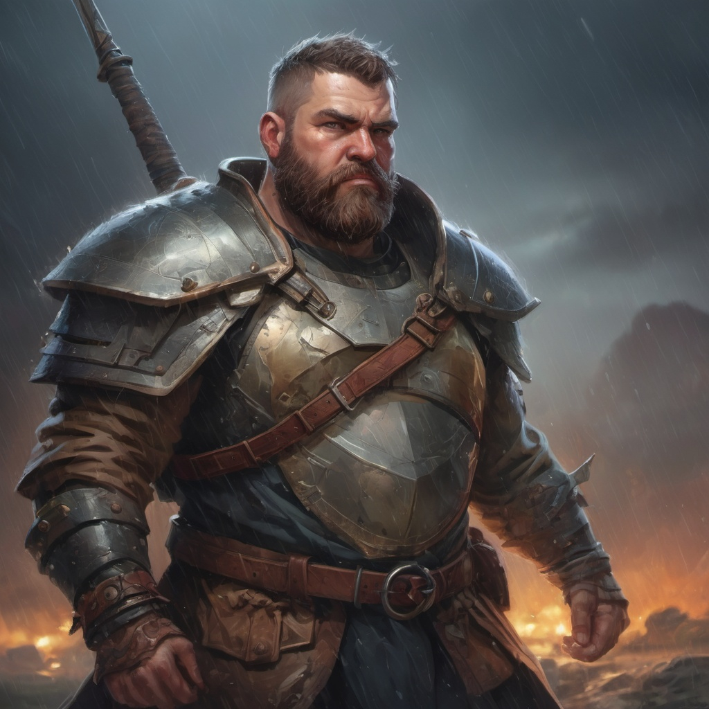Male stocky heavy-set large fat warrior with short-c...