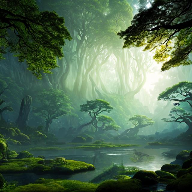 An ancient mystical forest illuminated by moonlight,...