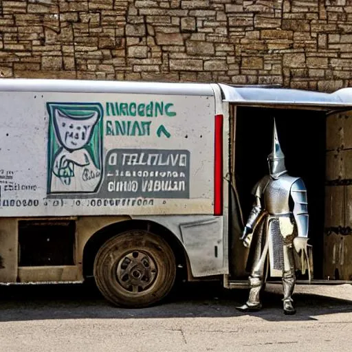 medieval knight in front of a moving van
