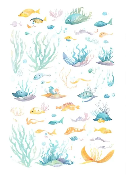 Under the sea themed graphics. Water color art; incl...