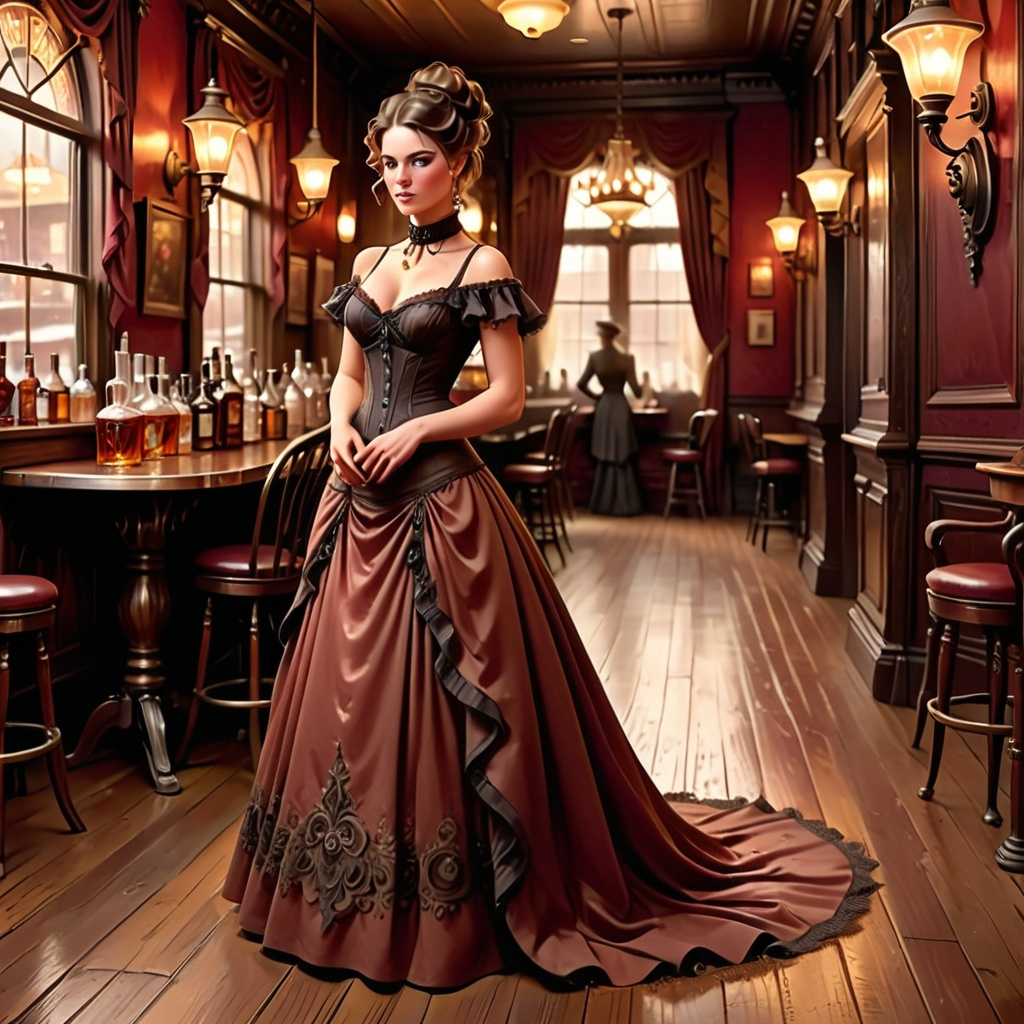 Visualize a richly detailed saloon from the 1800s, i...