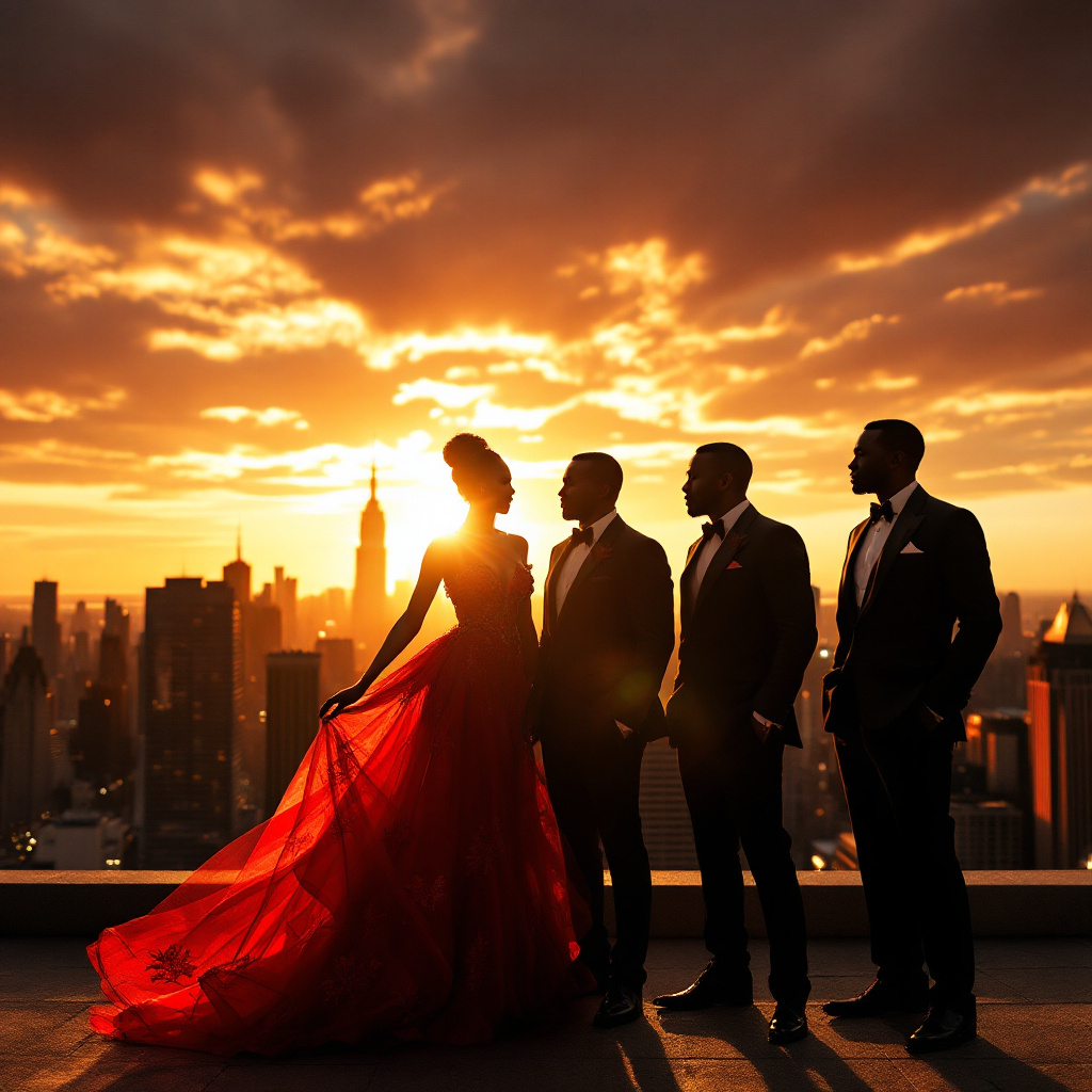 Fancy dressed people in city setting blacked out in...