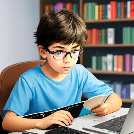 a boy with a computer is trying to code by reading a...