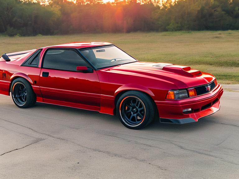 Red 1990 fox body mustang with black wheels driving...