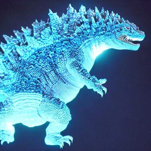 a short neck godzilla with a beam of blue breath and... | OpenArt
