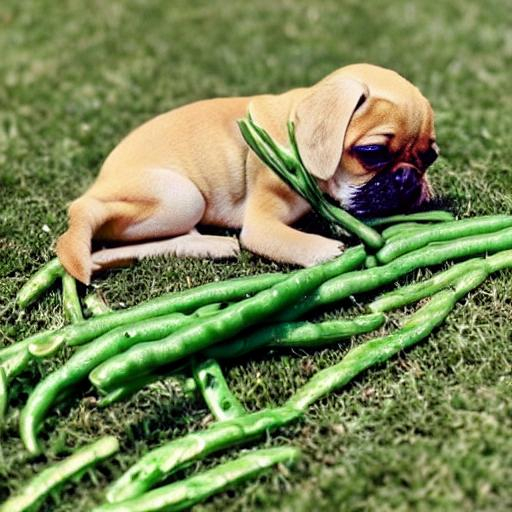 Tan puggle playing with string beans