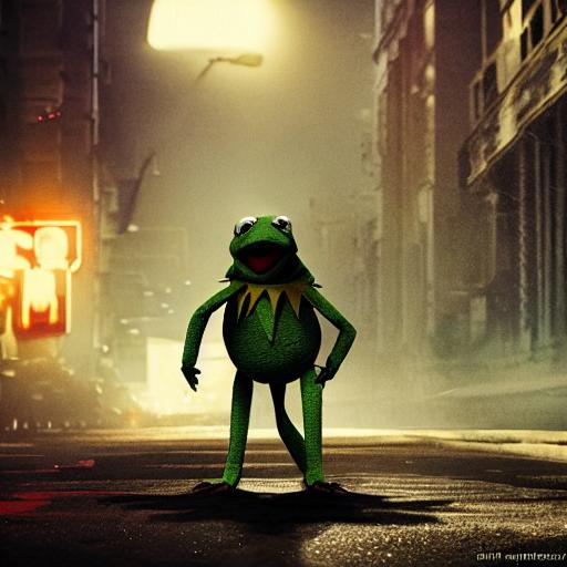 kermit the frog in a post apocalyptic san francisco,...