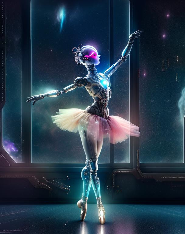 robot ballerina, wearing metal tutu, ballet dancing...