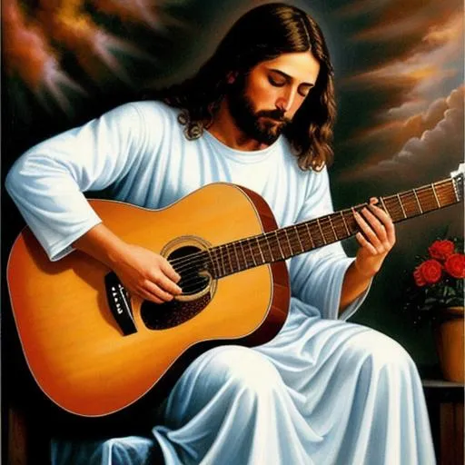 Jesus Christ playing the guitar in the heavens, beau...