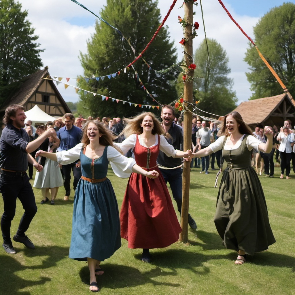 Dancing around a May Pole in a Medieval style
