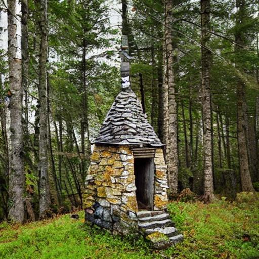 Stone wizards tower with pointed wooden roof in fore... | OpenArt