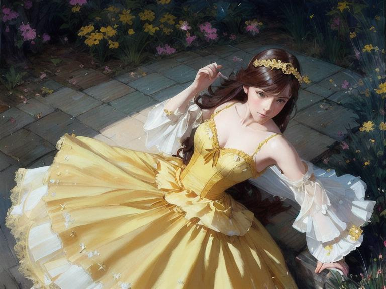 Princess Belle dancing in a yellow dress, perfect fe...