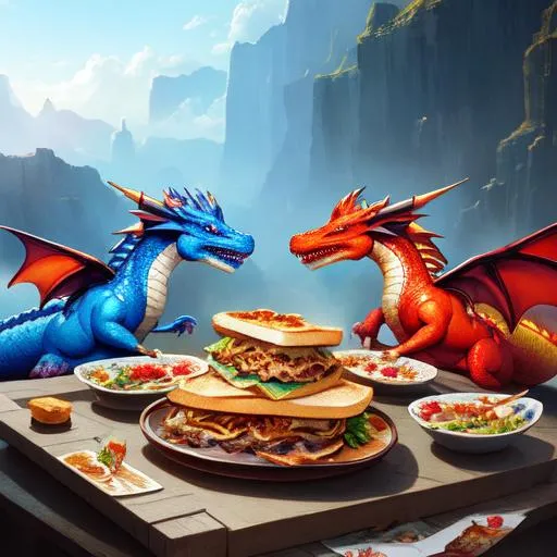 Colorful dragons eating sandwiches, cute face, perfe... | OpenArt