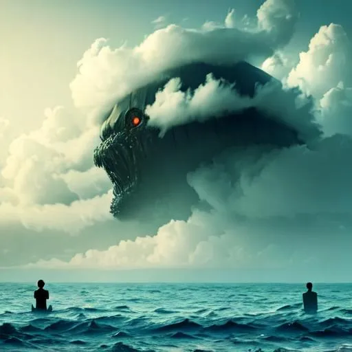 Faceless monster in the pacific ocean looming over t...