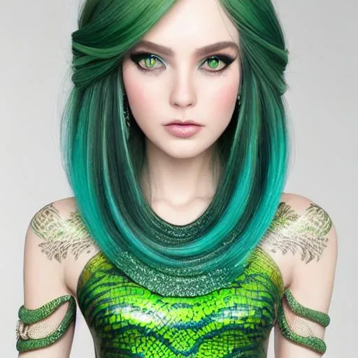 A alien empress, beautiful face, stunning snake gree... | OpenArt