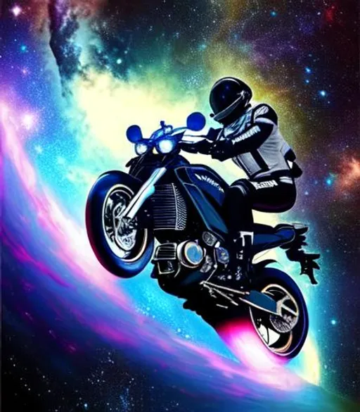Astronaut riding a motorcycle through space, galaxy,... | OpenArt