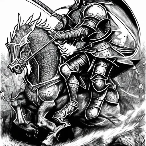 black and white coloring page of a knight fighting a...