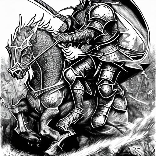 black and white coloring page of a knight fighting a...