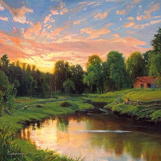 A detailed Wisconsin landscape with a stream at suns... | OpenArt