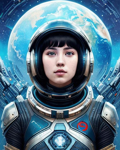 a girl wearing a futuristic outfit with space scener...