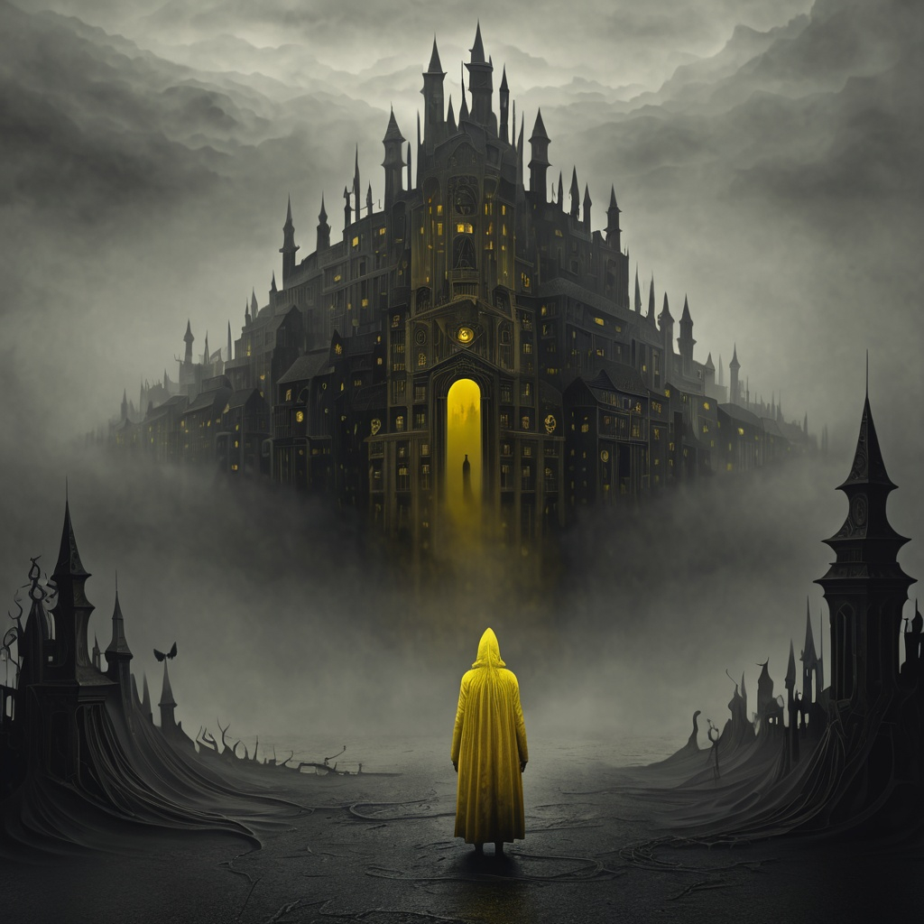 The King in Yellow, atmospheric horror, dark and moo...