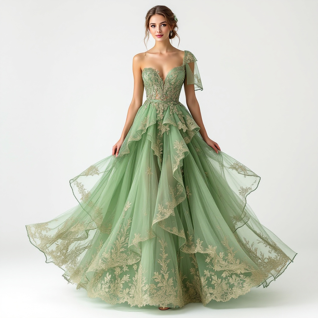 a green dress, with flowy translucent fabric, like...