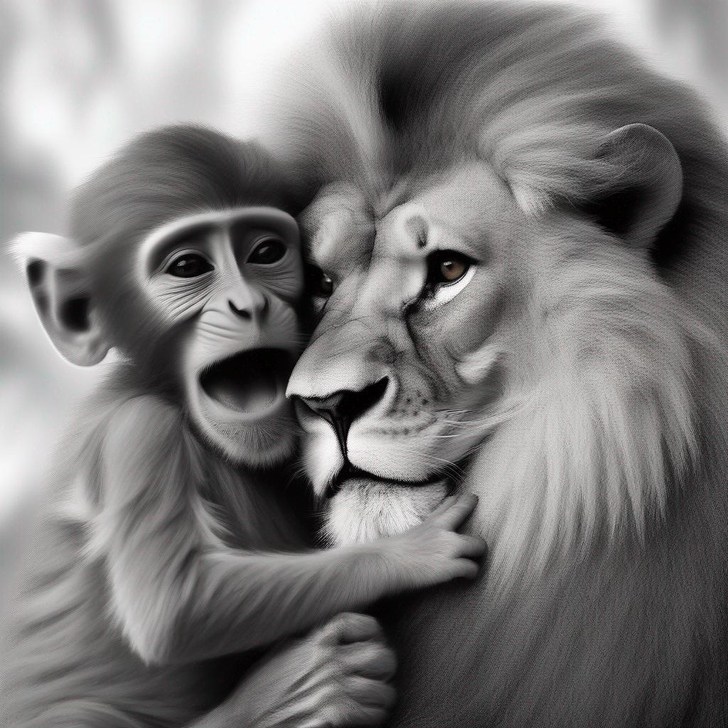 monkey hugs a lion and love him