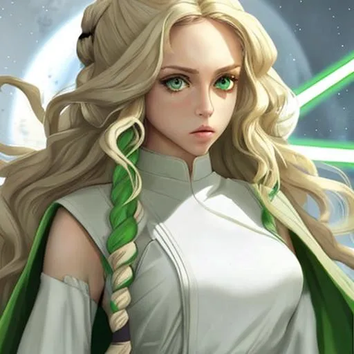 jedi girl with long blonde curly hair,white clothes... | OpenArt