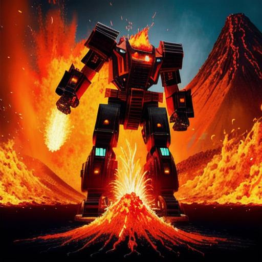 Volcano eruption, giant robot covered in flames, fig... | OpenArt
