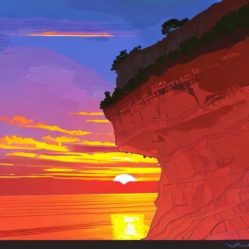 a sunset with a cliff, digital art style