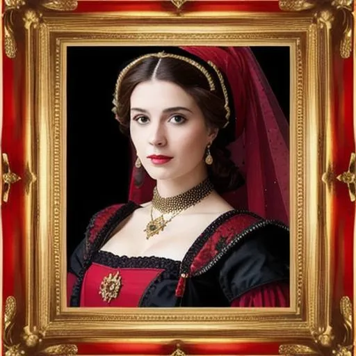 medieval lady dressed in red and black, realistic pr...