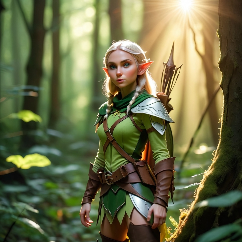 Elf ranger in a mystical forest around sunlight