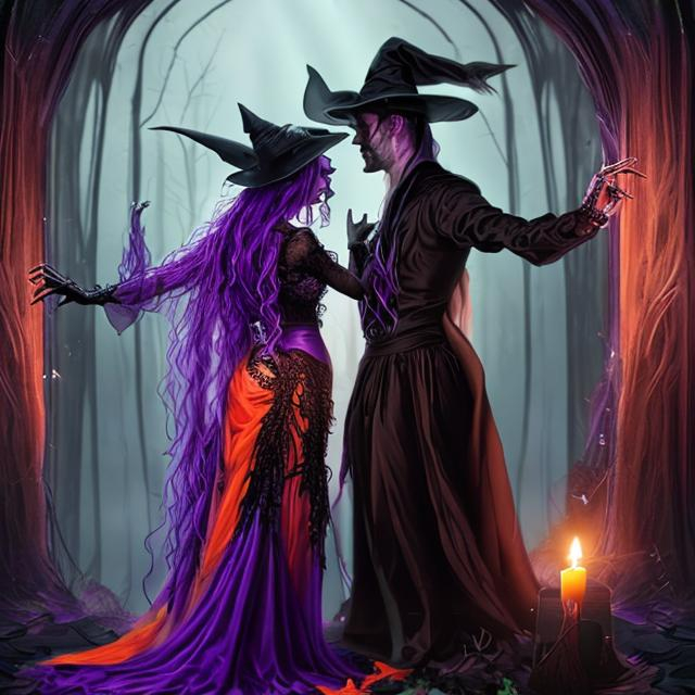 witch wearing a sheer purple and orange dress bewitc...