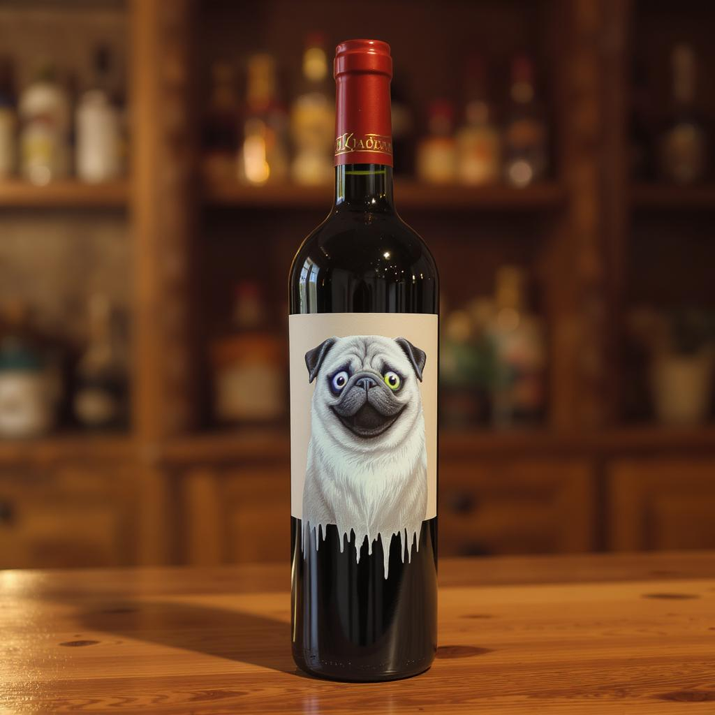 a wine bottle with a ghostly pug