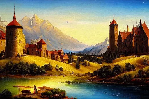 realistic medieval oil painting of beautiful scenery