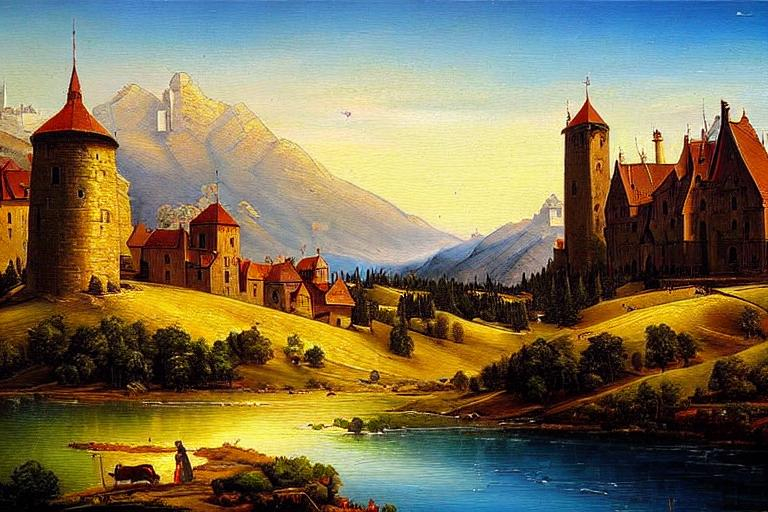 realistic medieval oil painting of beautiful scenery