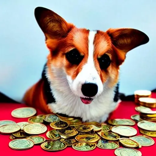 a corgi counting dollars