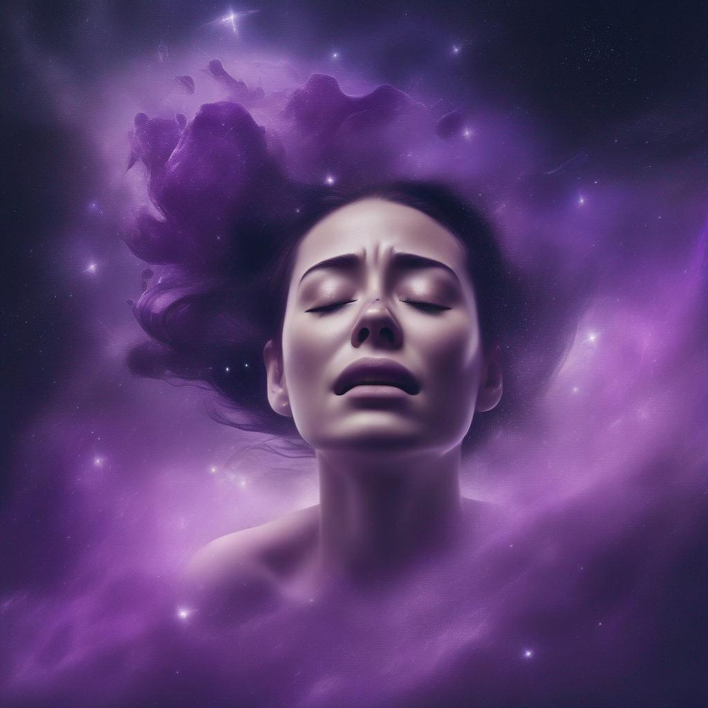 a woman crying purple tears whilst floating in a nebula