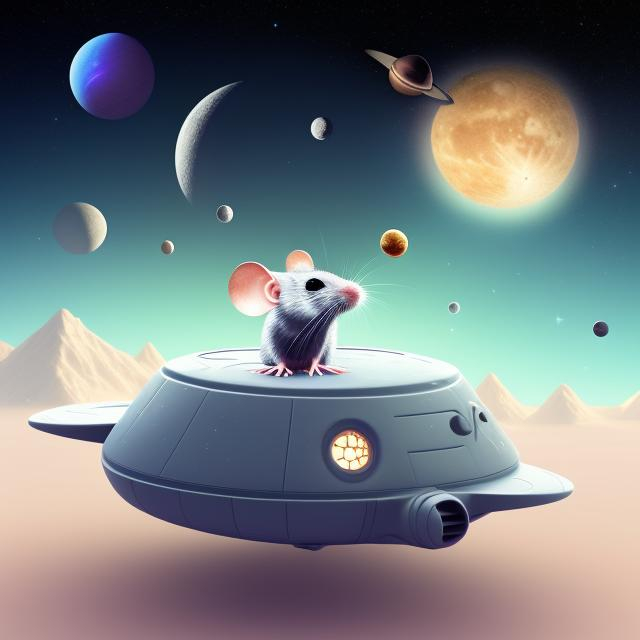 mouse rodent in starry space with moon planets ufo ship