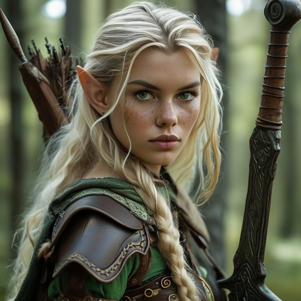 A pretty she-elf warrior with wavy blonde hair and...