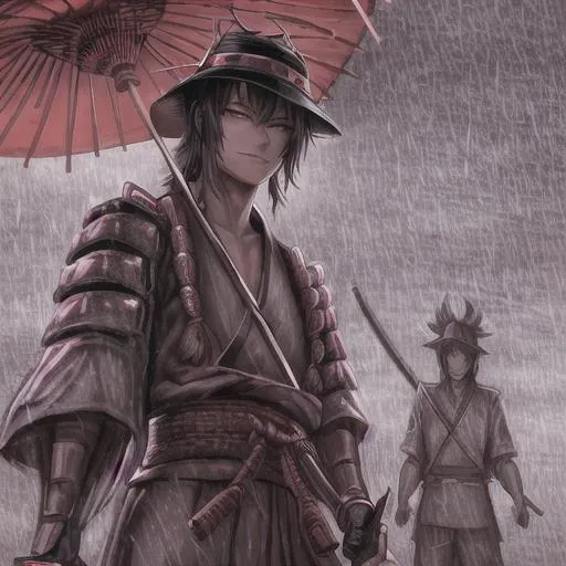 best friends, samurai, chill night, rainy, smiling,... | OpenArt