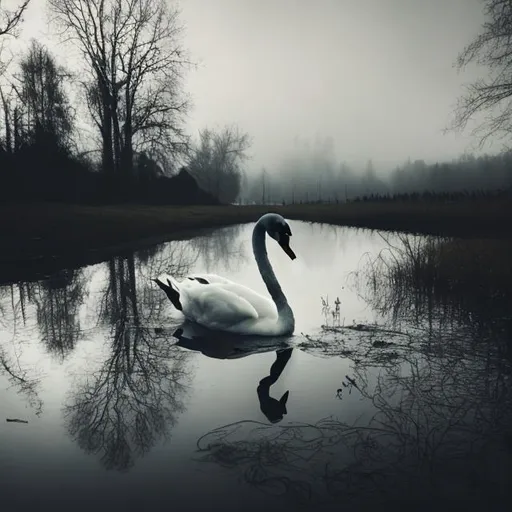A swan in the middle of an eerie dark pond