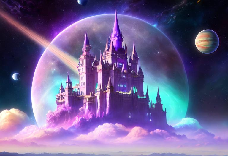 beautiful fantasy painting of space, castle on a clo... | OpenArt
