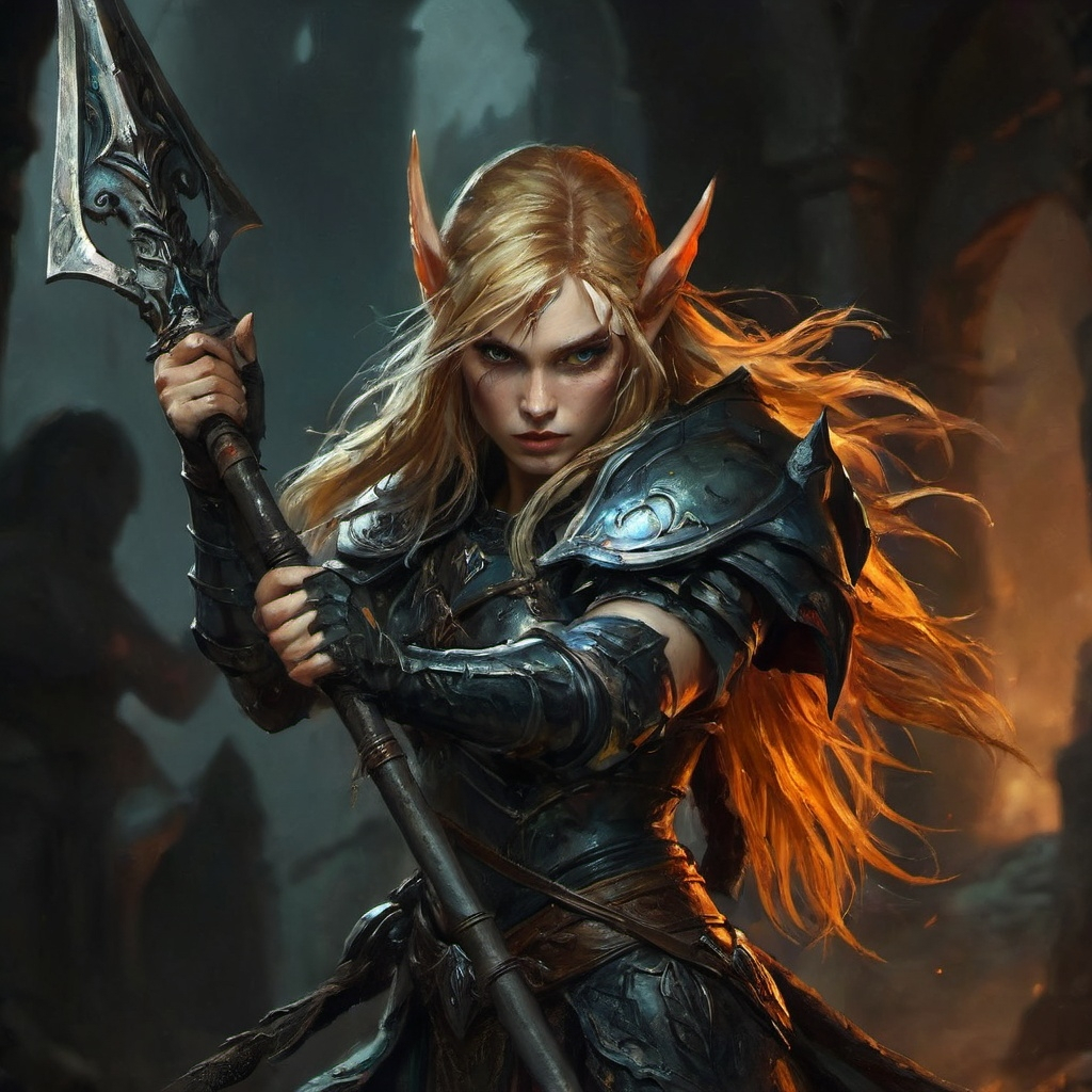 female elven fighter in detailed armor, gripping a...