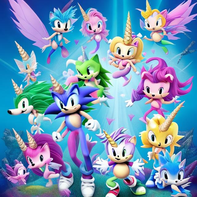 A unicorn and a mermaid and a fairy and all of Sonic...