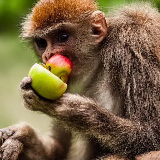 A poo monkey eating an apple,realistic,highly detail... | OpenArt