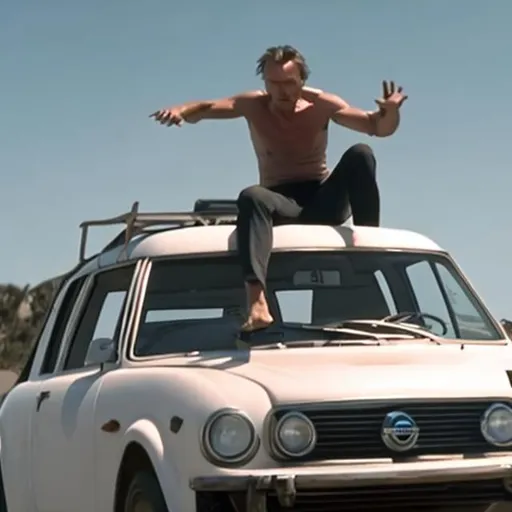 Liam Neeson surfing the roof of a Nissan automobile