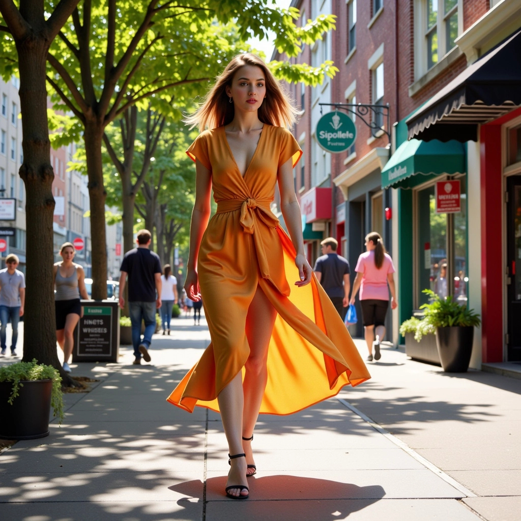 Tall young woman walking down the high street, detai...