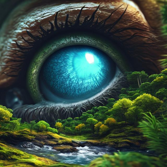 An eye surrounded by nature, 3D, hyperrealistic, ren...
