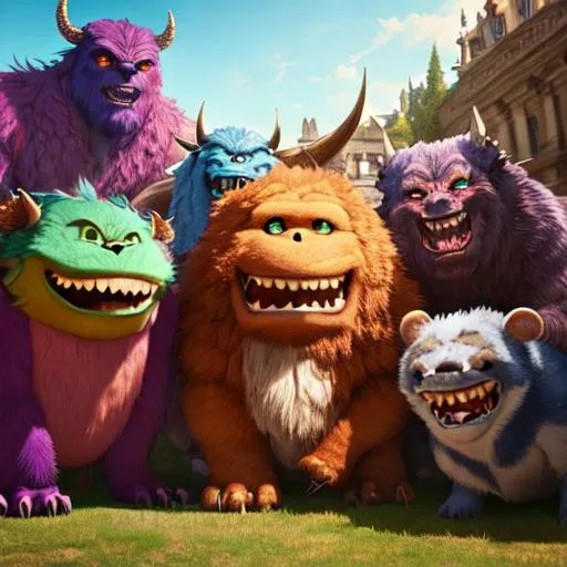 Monsters taking a group selfie, photorealistic reali... | OpenArt